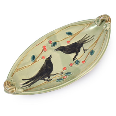 Handmade 12-inch Oval Pottery Platter with Crows Motif