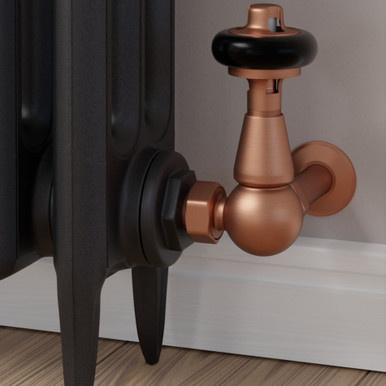 Flatford Traditional TRV Corner Brushed Copper Radiator Valves With Sleeves