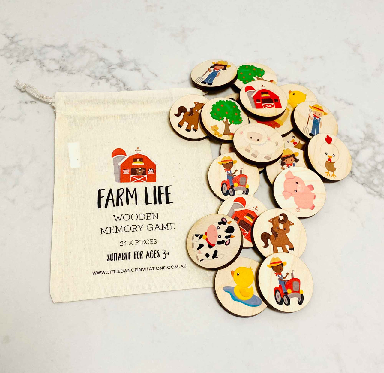 Classic Memory Game Illustrated Wooden Tiles - Farm Themed