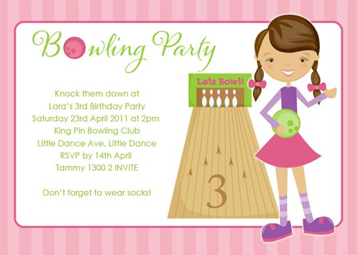 Girls Bowling Party Invitations - Girls Bowling Themed Party Invites ...