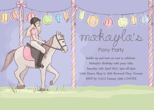 Girls Pony Birthday Party Invitations - Personalised Horse Themed ...