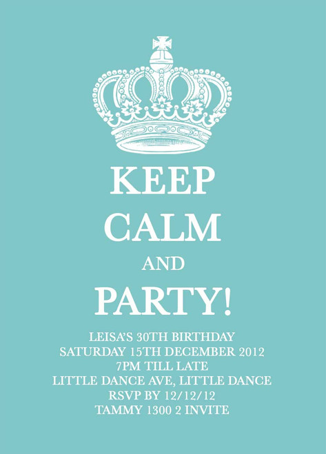 Grown Ups Birthday Invitations - Keep Calm and Party Tiffany Blue