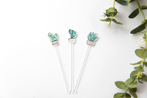 Drink Stirrers - Cacti & Succulents Themed - Printed Acrylic Swizzle Sticks